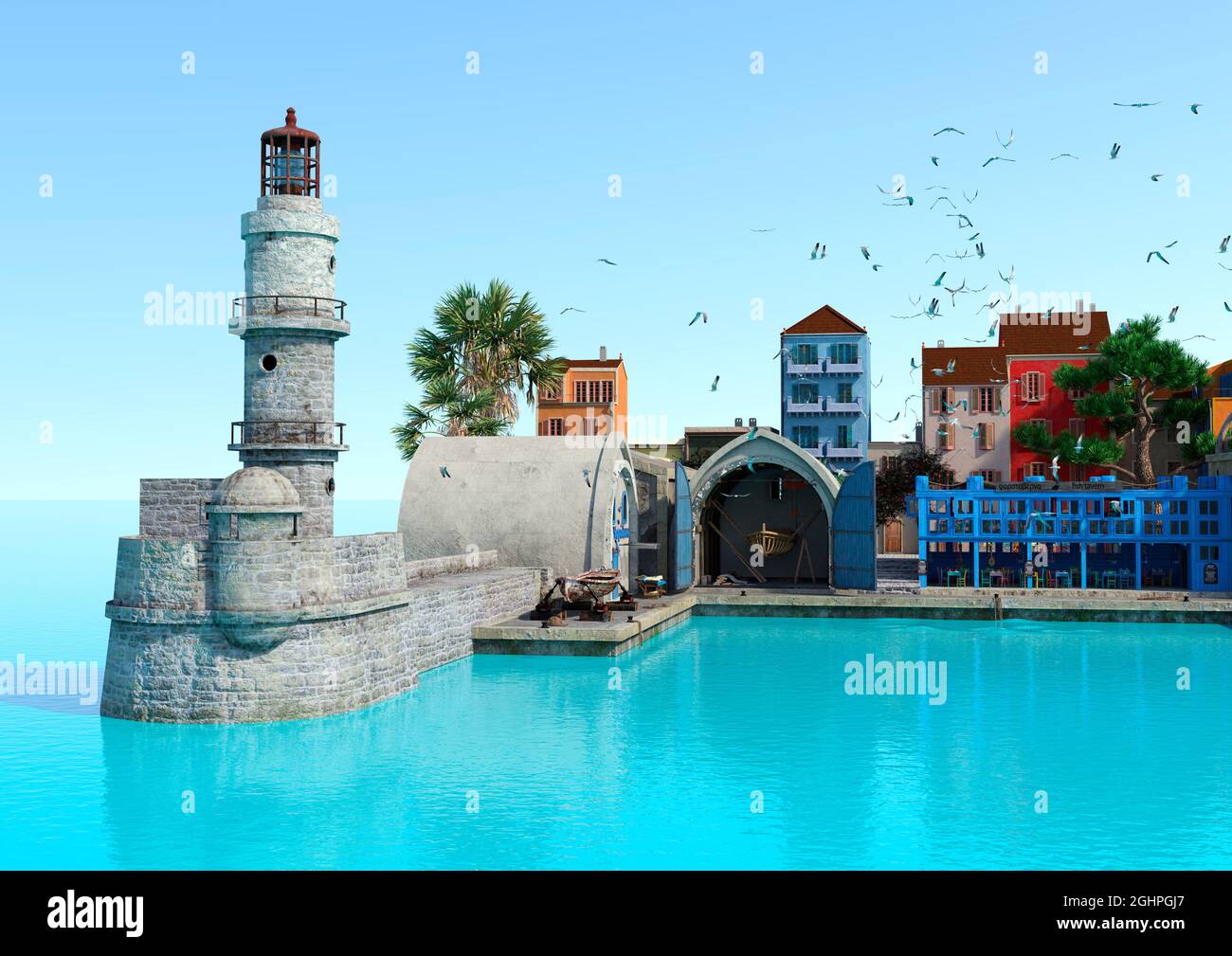 3D rendering of a mediterranean seashore Stock Photo - Alamy