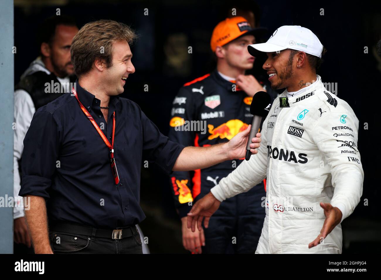 (L to R): Davide Valsecchi (ITA) Sky F1 Italia Presenter with pole ...