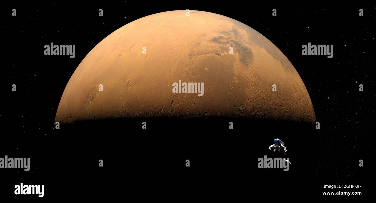 Planet Mars and astronaut floating free in space Stock Photo - Alamy
