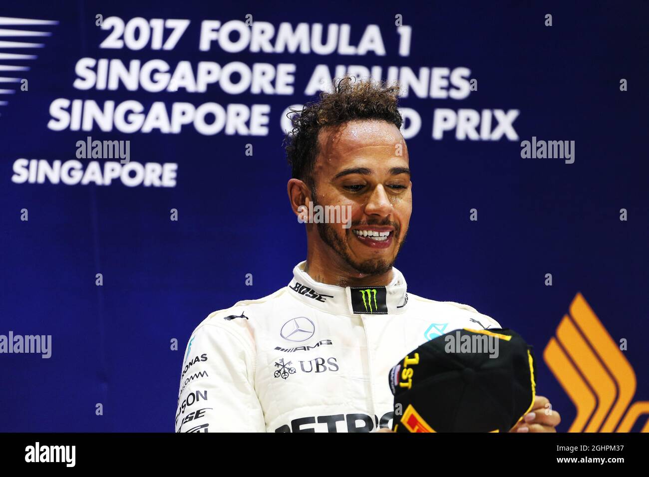 Race winner Lewis Hamilton (GBR) Mercedes AMG F1 on the podium. 17.09. ...