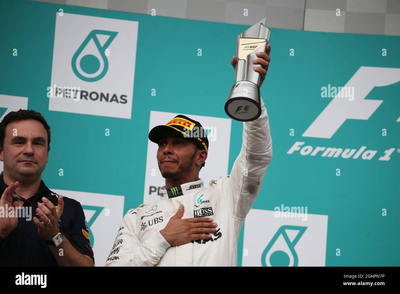 Lewis Hamilton (GBR) Mercedes AMG F1 celebrates his second position on ...