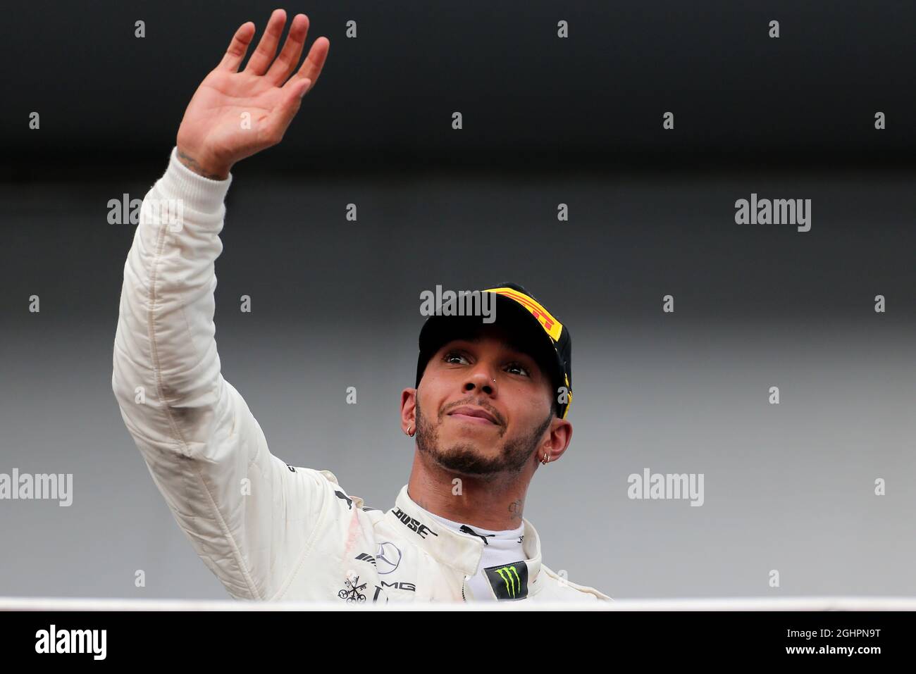 Lewis Hamilton (GBR) Mercedes AMG F1 celebrates his second position on ...