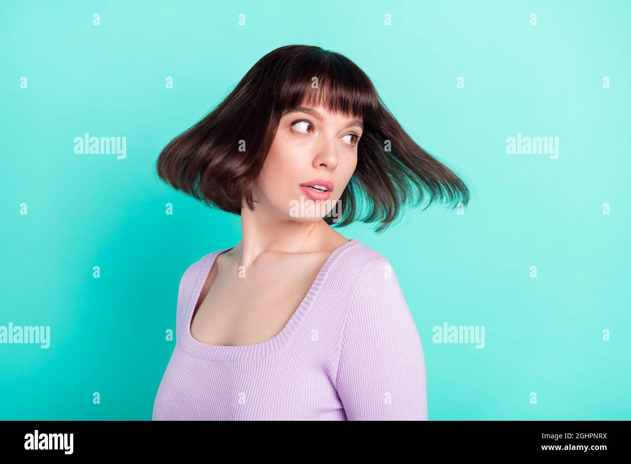 Photo portrait young girl throwing hair wearing stylish clothes looking ...