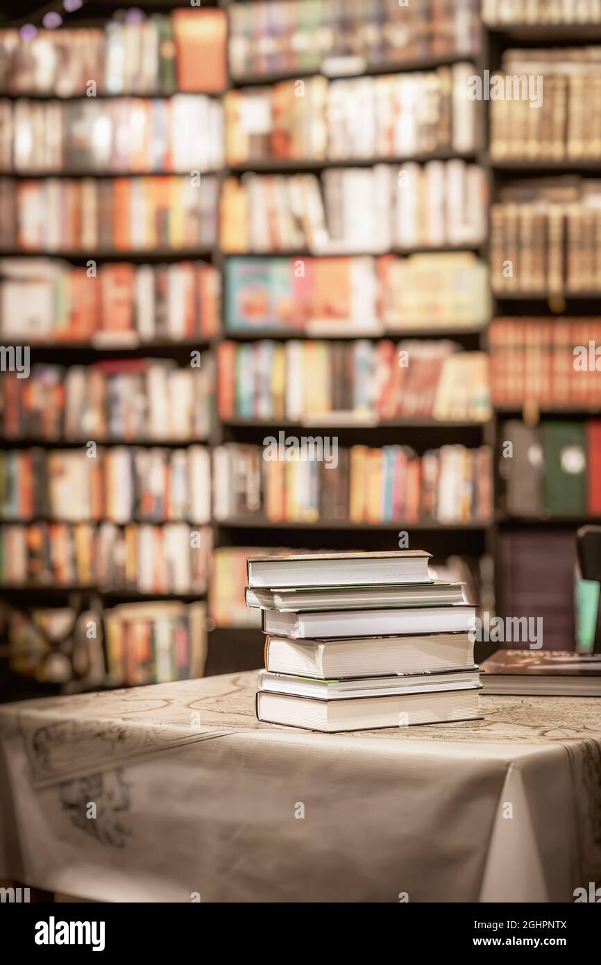 Bookstore. Pile of books on table. Education, school, study, reading ...