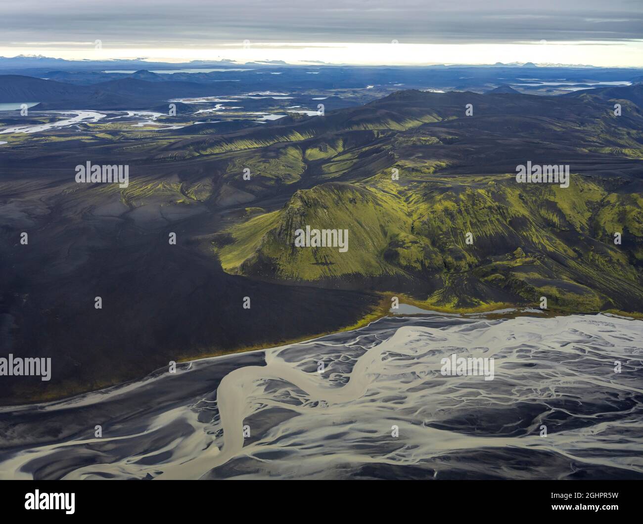 Broadly fanned glacier river Tungnaa, aerial photo, Suourland, Iceland ...