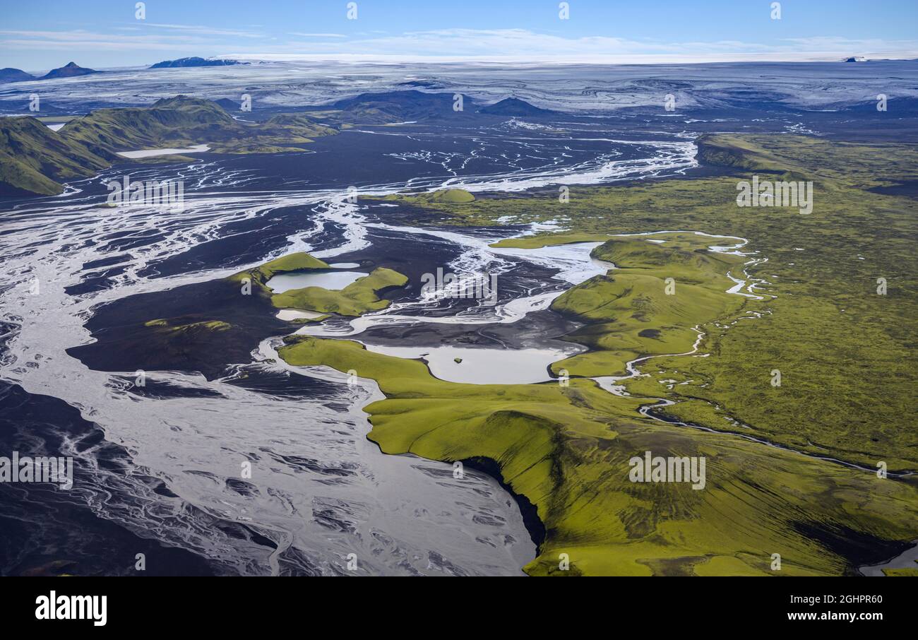 Broadly fanned glacier river Tungnaa, aerial photo, Suourland, Iceland ...