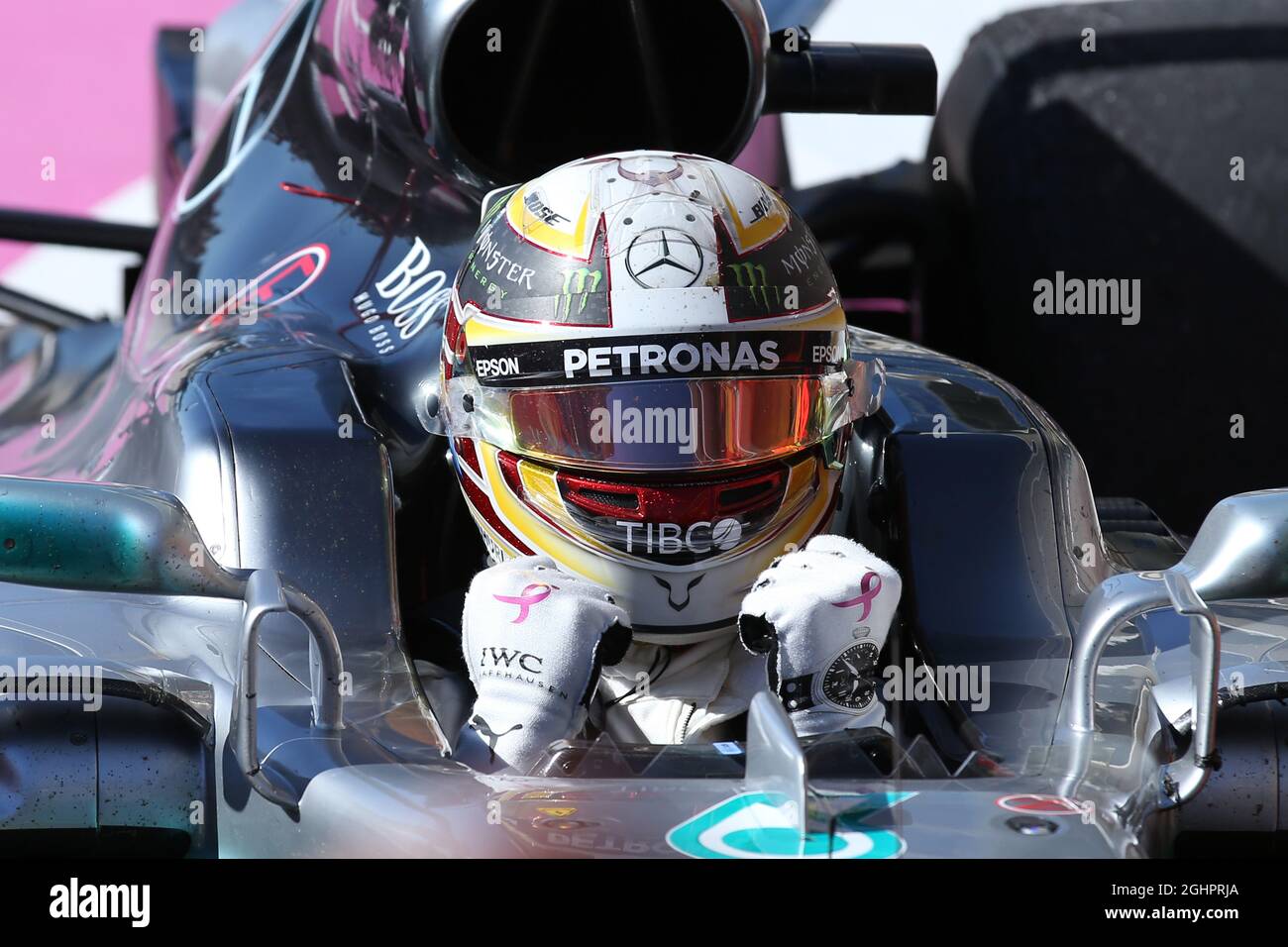Race winner Lewis Hamilton (GBR) Mercedes AMG F1 W08 celebrates in parc ...