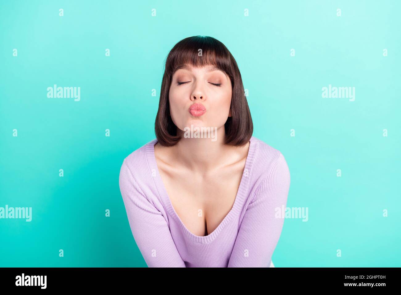 Photo portrait pretty woman flirty sending air kiss on date romantic ...