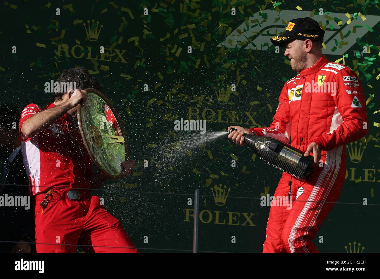 Race winner Sebastian Vettel (GER) Ferrari SF71H celebrates on the ...