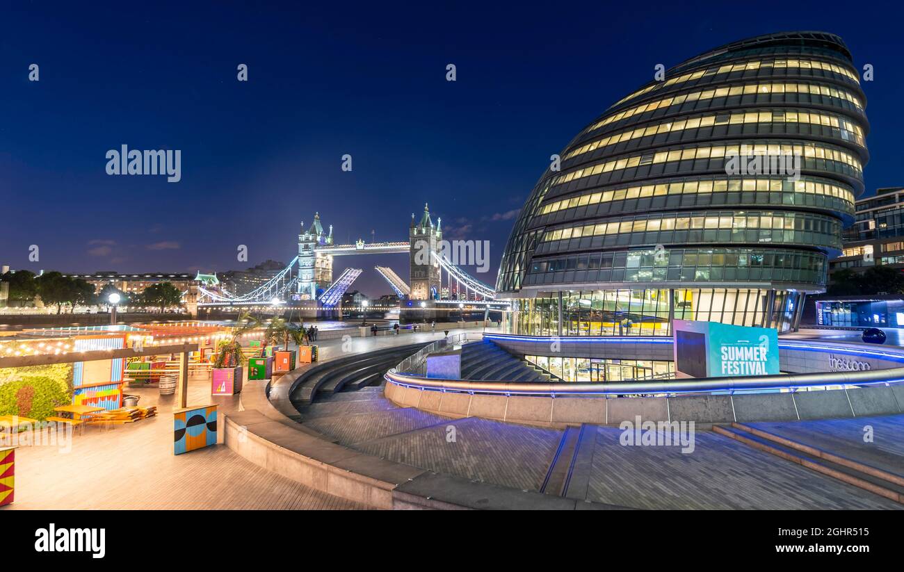 Illuminated Tower Bridge, More London Riverside with Greater London ...