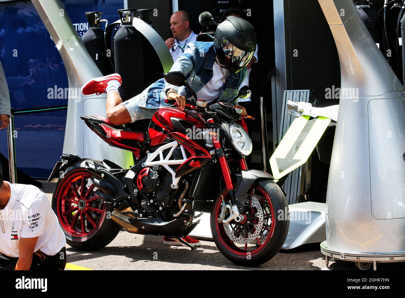 Lewis Hamilton (GBR) Mercedes AMG F1 with his MV Agusta F4 LH44. 23.05. ...