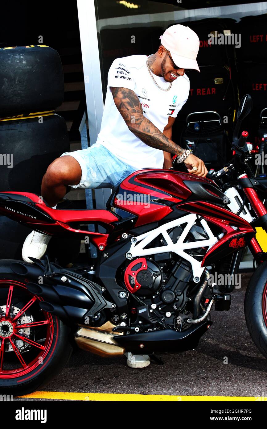 Lewis Hamilton (GBR) Mercedes AMG F1 with his MV Agusta F4 LH44. 23.05. ...