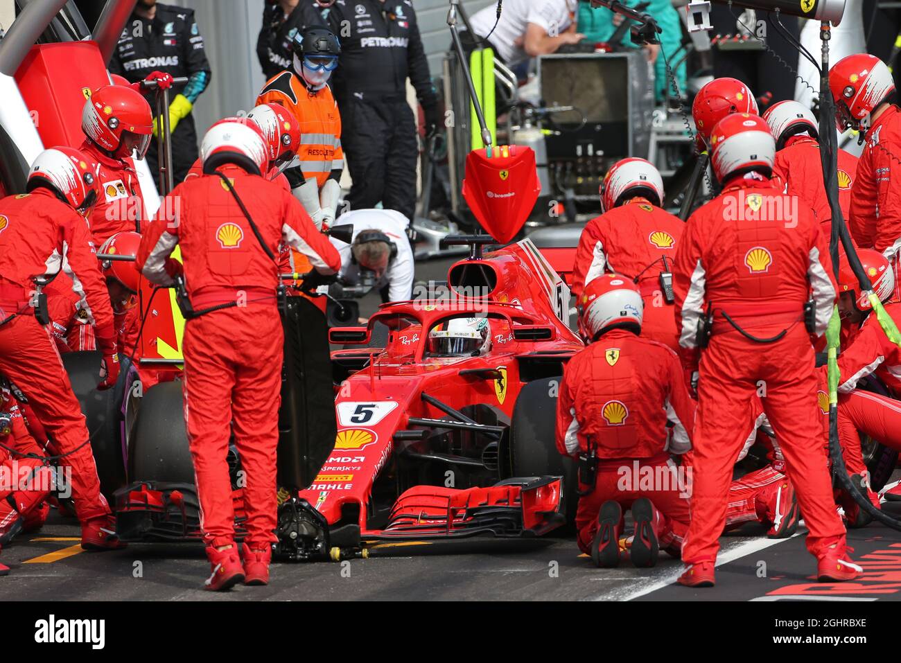 Sebastian Vettel (GER) Ferrari SF71H makes a pit stop. 24.06.2018 ...