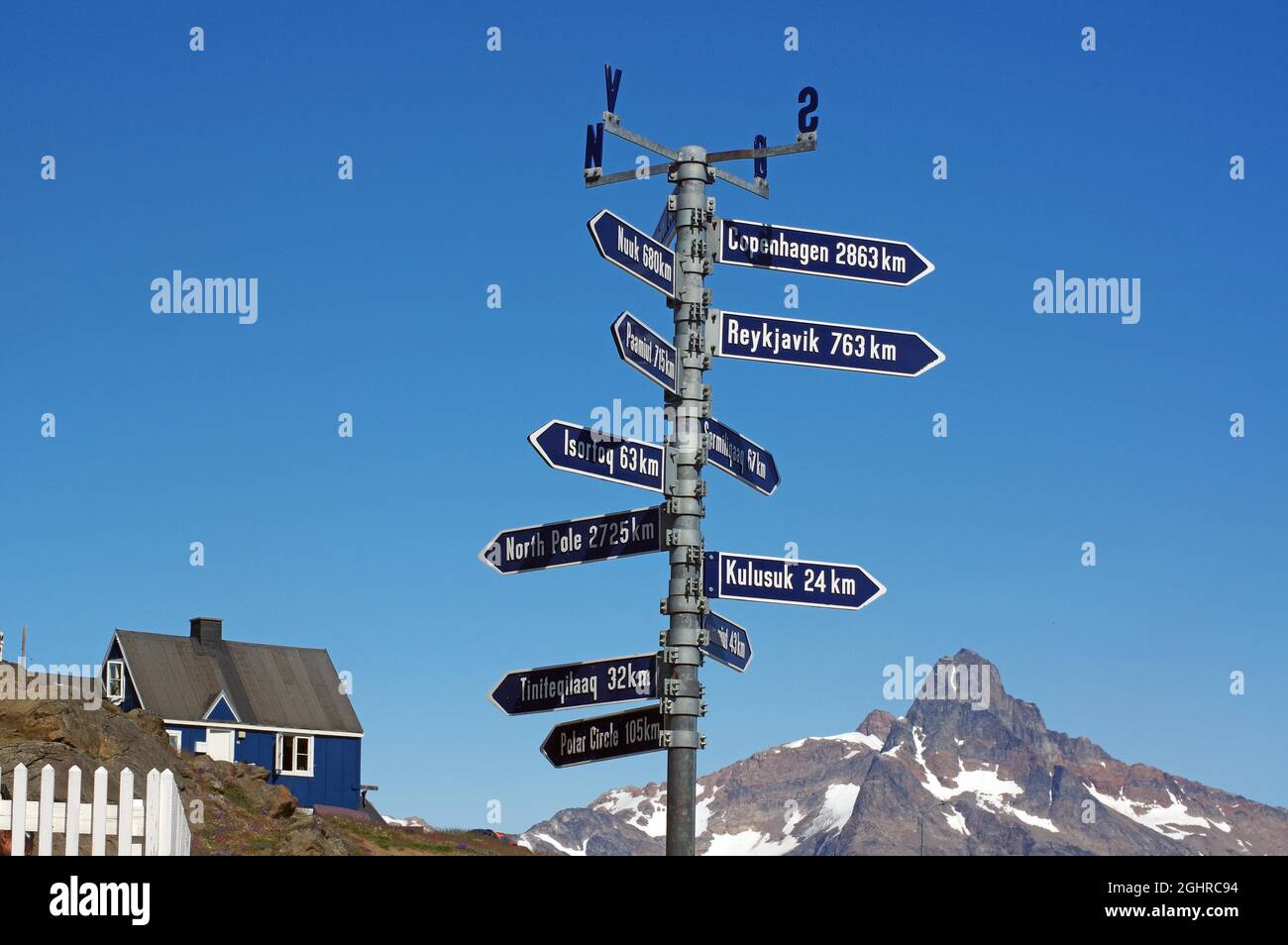 Signposts in front of wooden houses and mountains, Arctic, Tasilaq ...