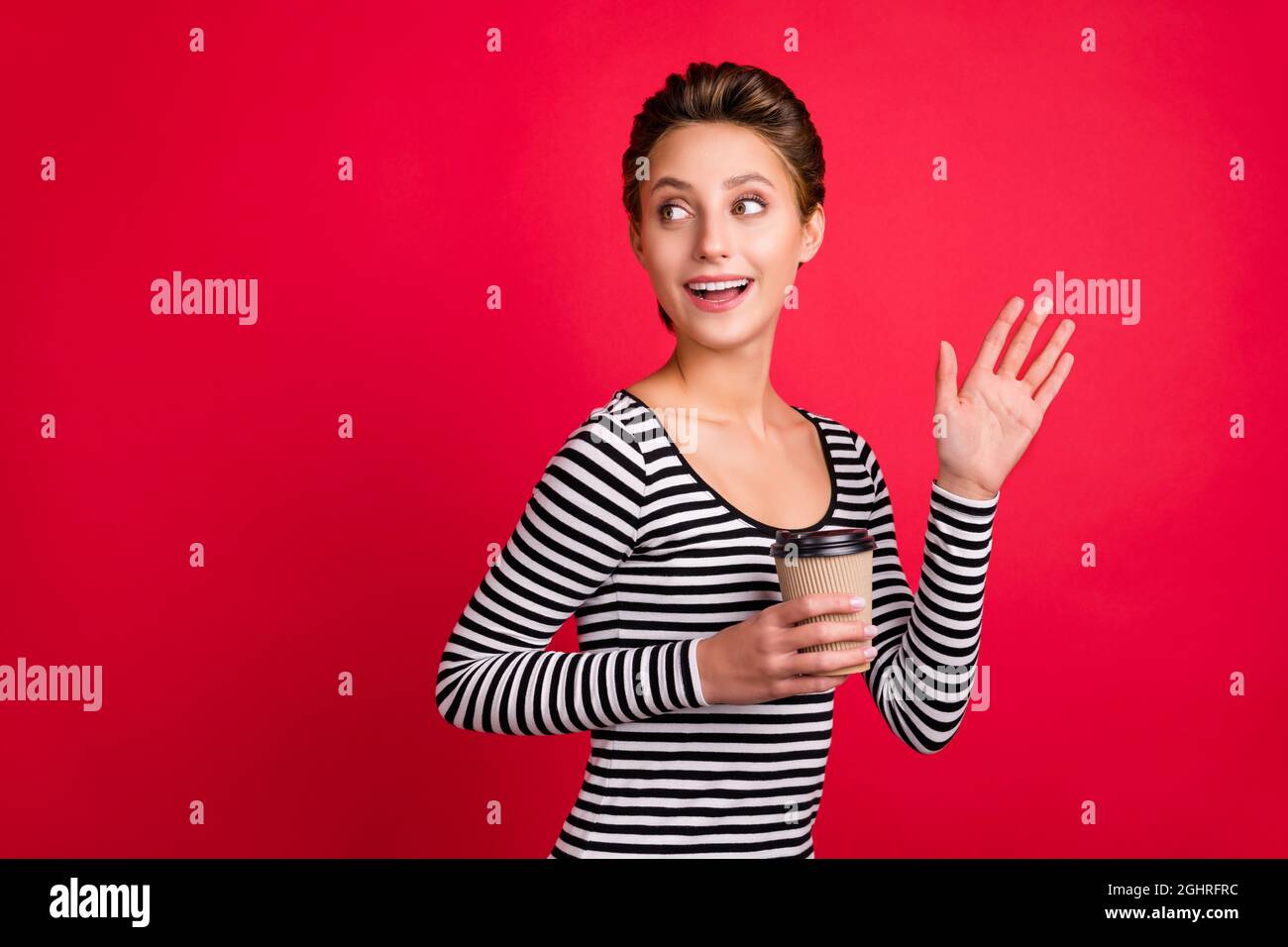 Photo Of Pretty Sweet Woman Dressed Striped Outfit Holding Coffee Cup