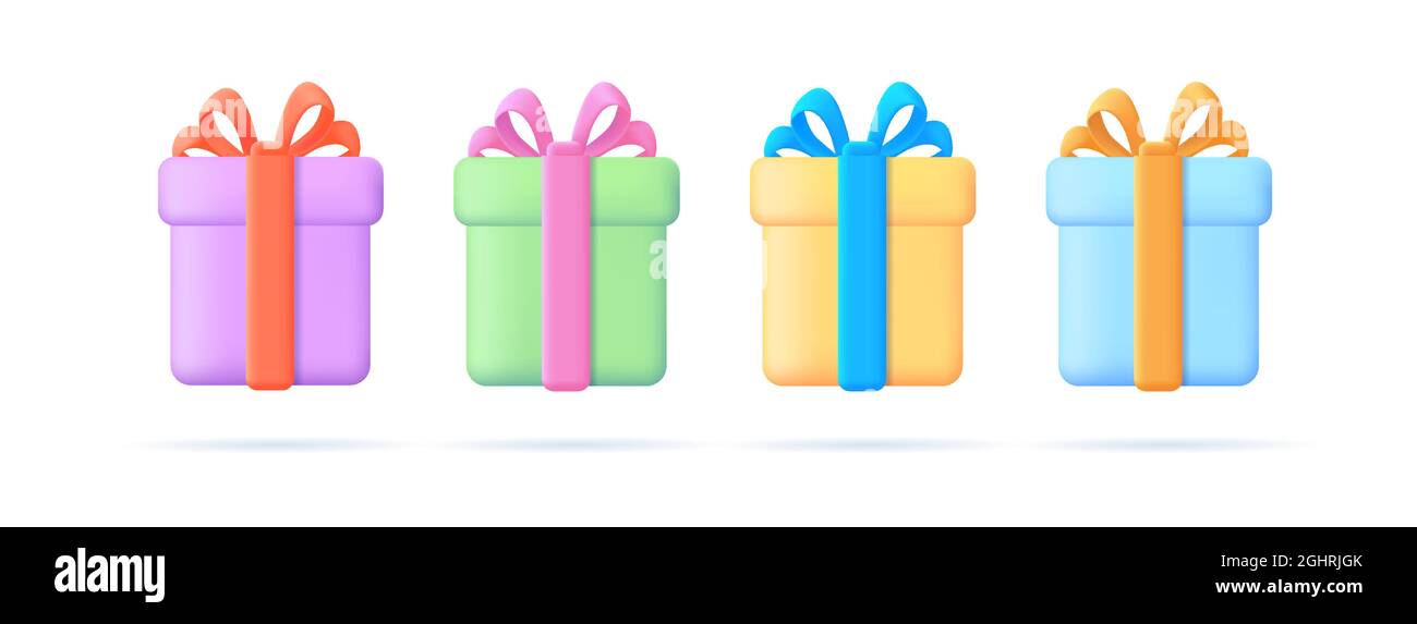 Set of pastel color 3d gift boxes, rounded soft shapes with ribbons and ...