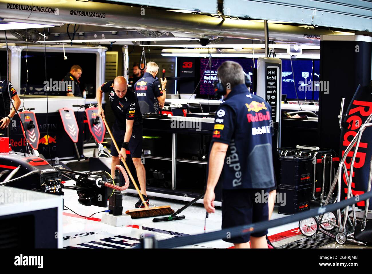 Red Bull Racing pit garage flooded during a rain storm. 31.08.2018 ...