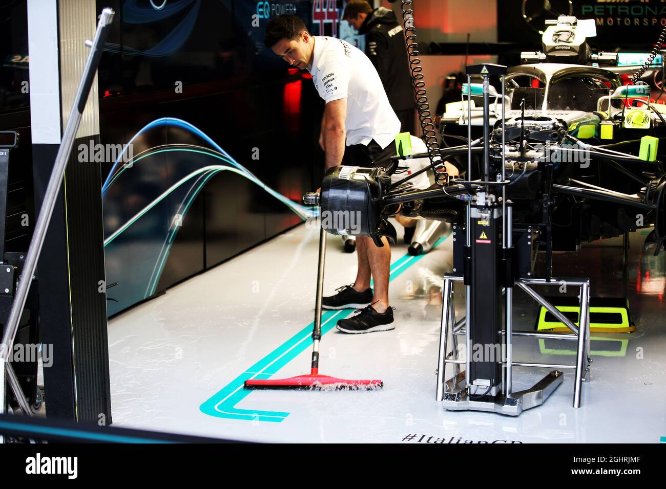 Mercedes AMG F1 pit garage flooded during a rain storm. 31.08.2018 ...