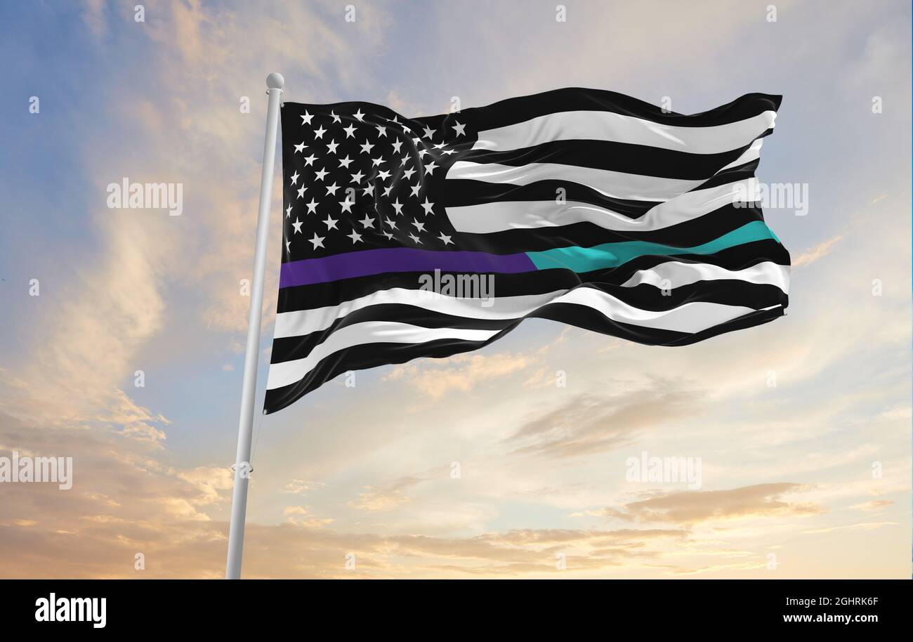 Thin Purple-Teal Line USA flag waving at cloudy sky background on ...