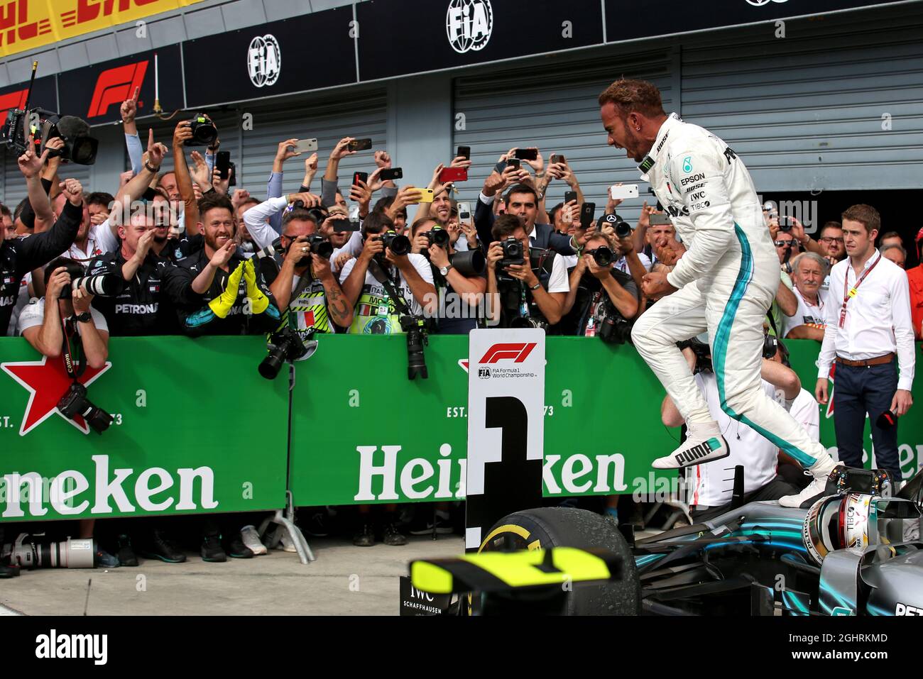 Race winner Lewis Hamilton (GBR) Mercedes AMG F1 W09 celebrates in parc ...