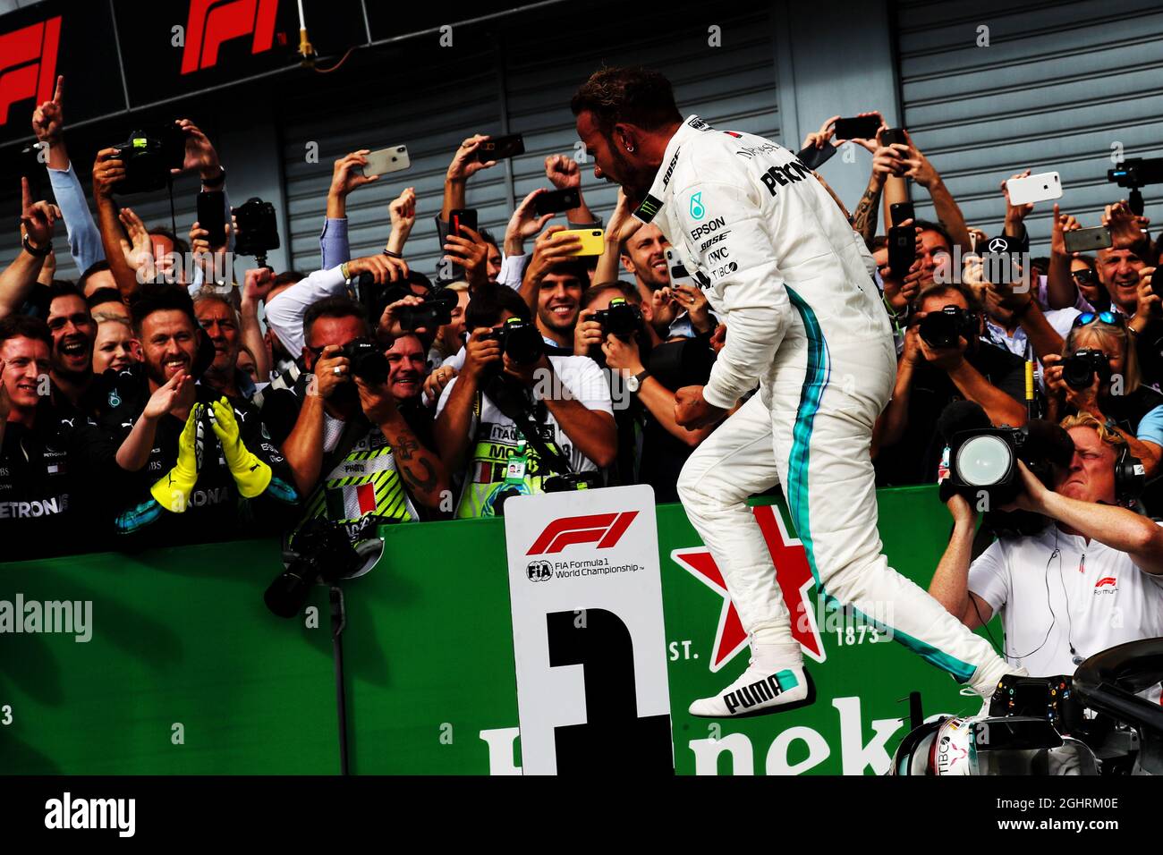 Race winner Lewis Hamilton (GBR) Mercedes AMG F1 W09 celebrates in parc ...