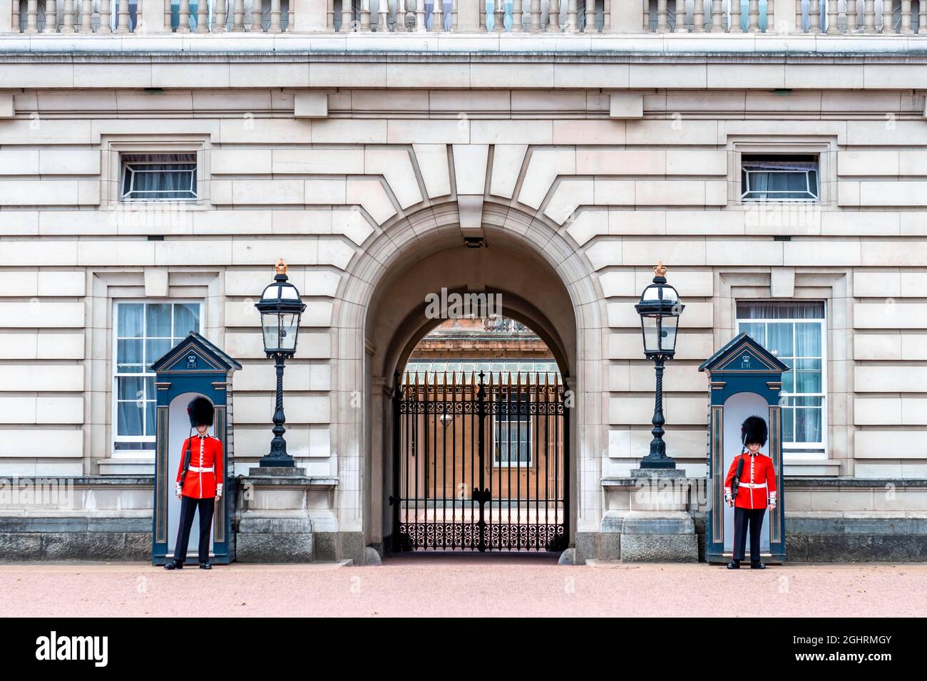 Two guards in front of guard house, Royal Guard guards with bearskin ...
