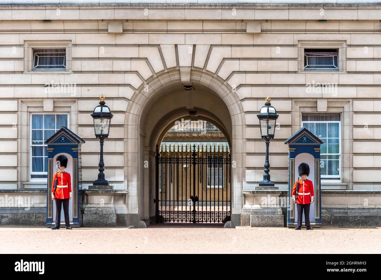 Two guards in front of guard house, Royal Guard guards with bearskin ...