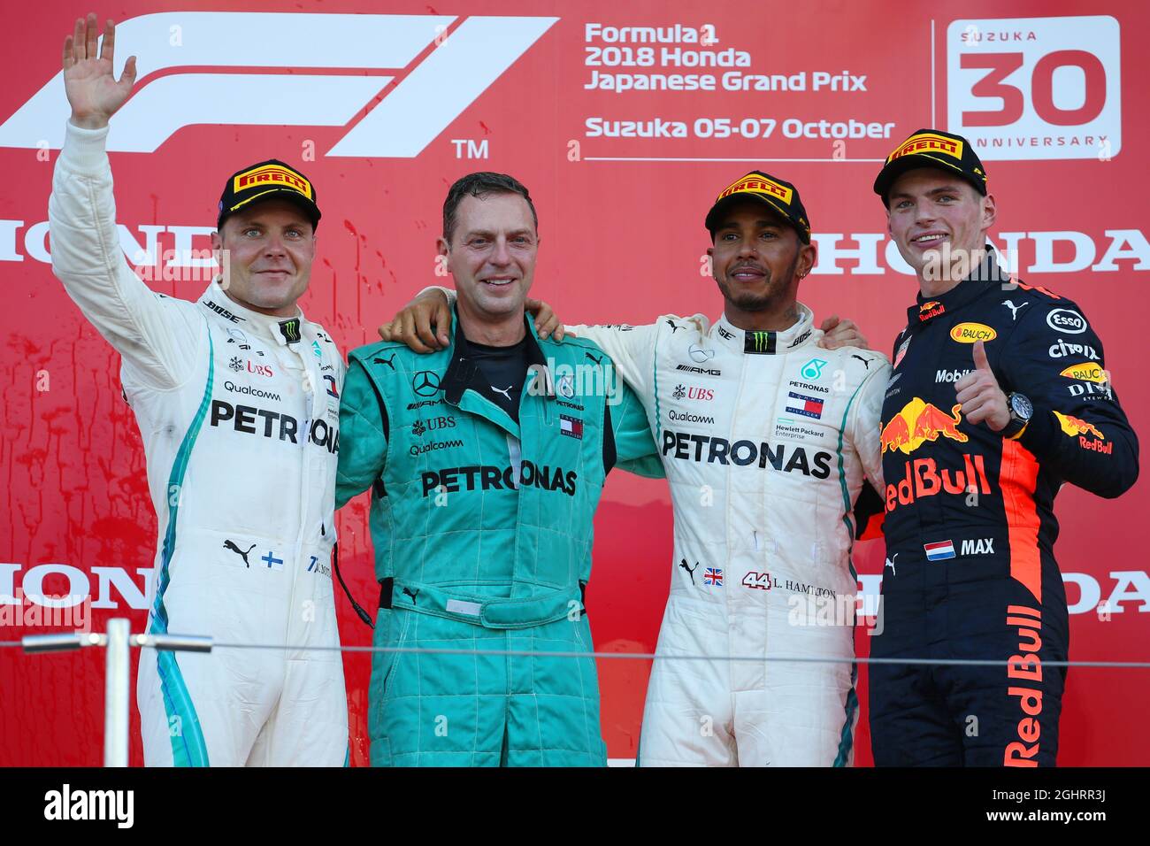 The podium (L to R): Valtteri Bottas (FIN) Mercedes AMG F1, second ...
