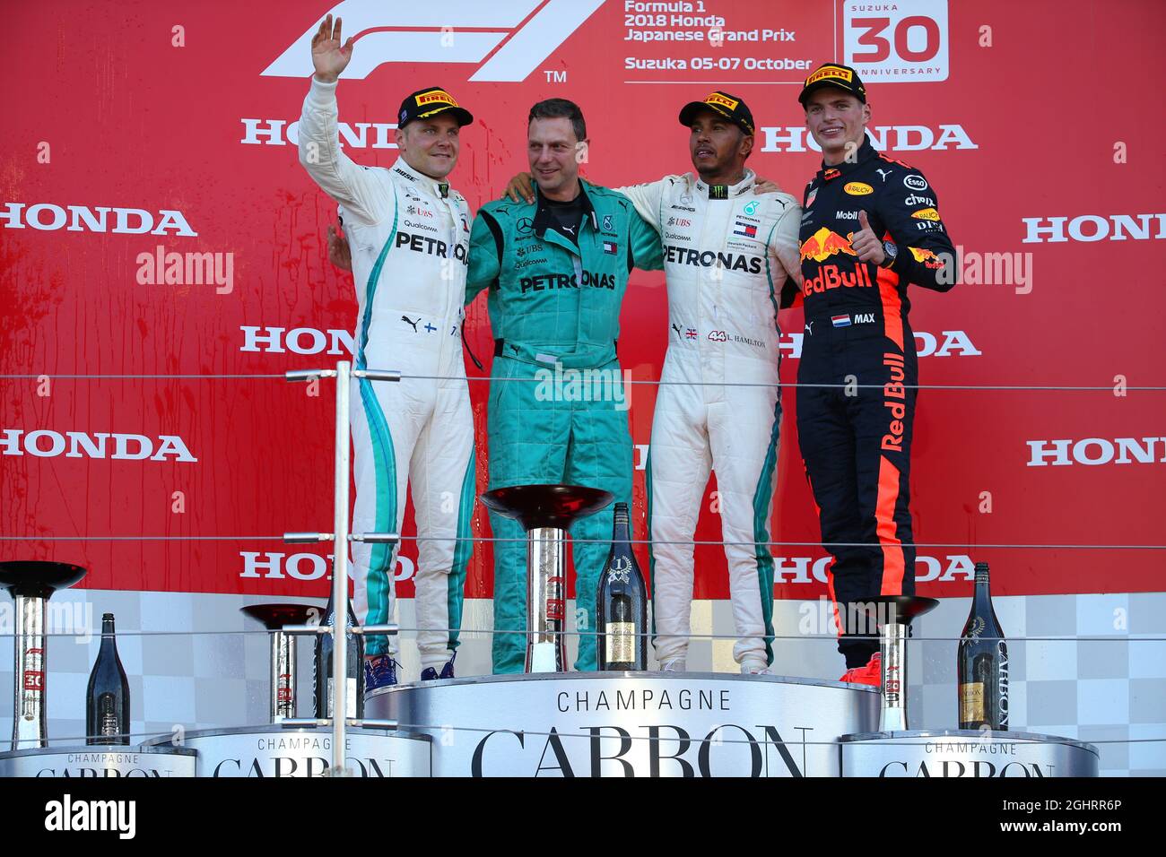 The podium (L to R): Valtteri Bottas (FIN) Mercedes AMG F1, second ...
