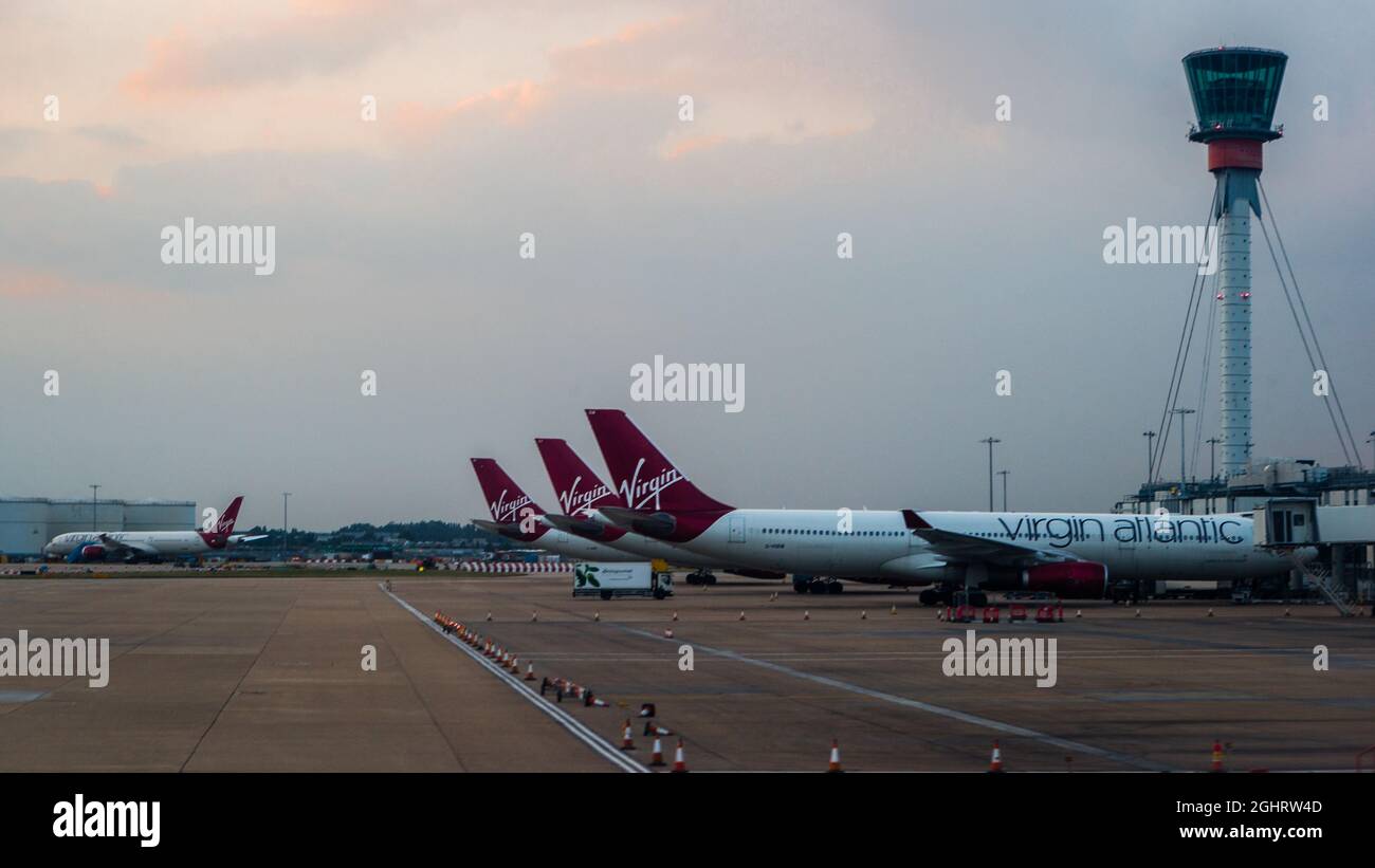 A view of a fleet of Virgin Atlantic planes from a eurowings plane at ...