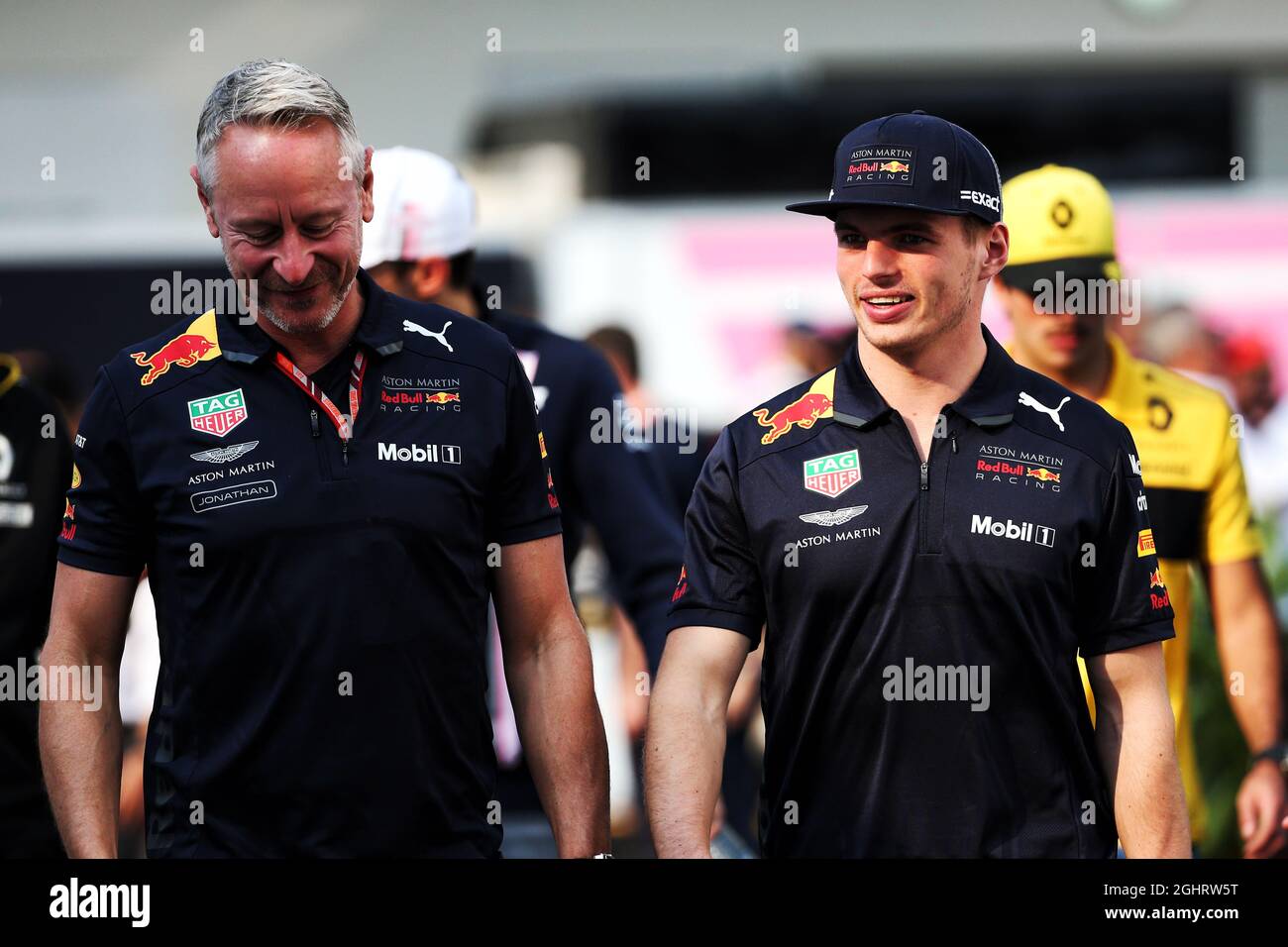 (L to R): Jonathan Wheatley (GBR) Red Bull Racing Team Manager with Max ...
