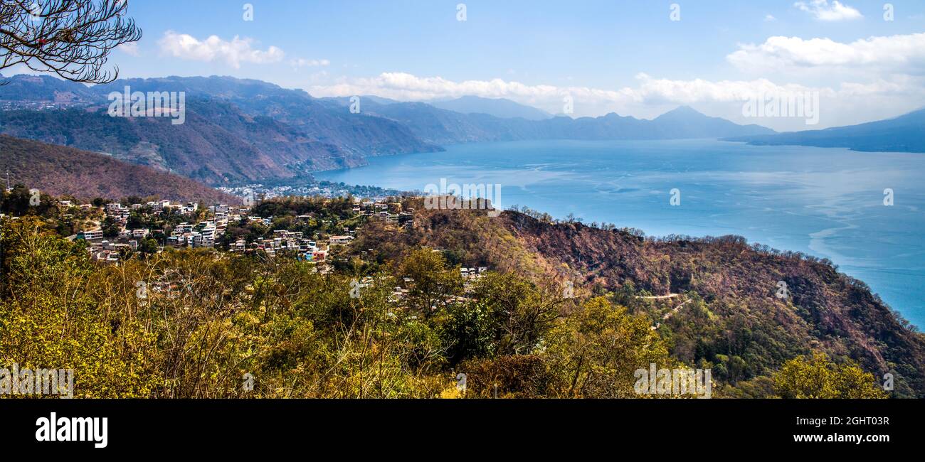 Lake Atitlan framed by volcanoes, Lake Atitlan, Guatemala Stock Photo ...