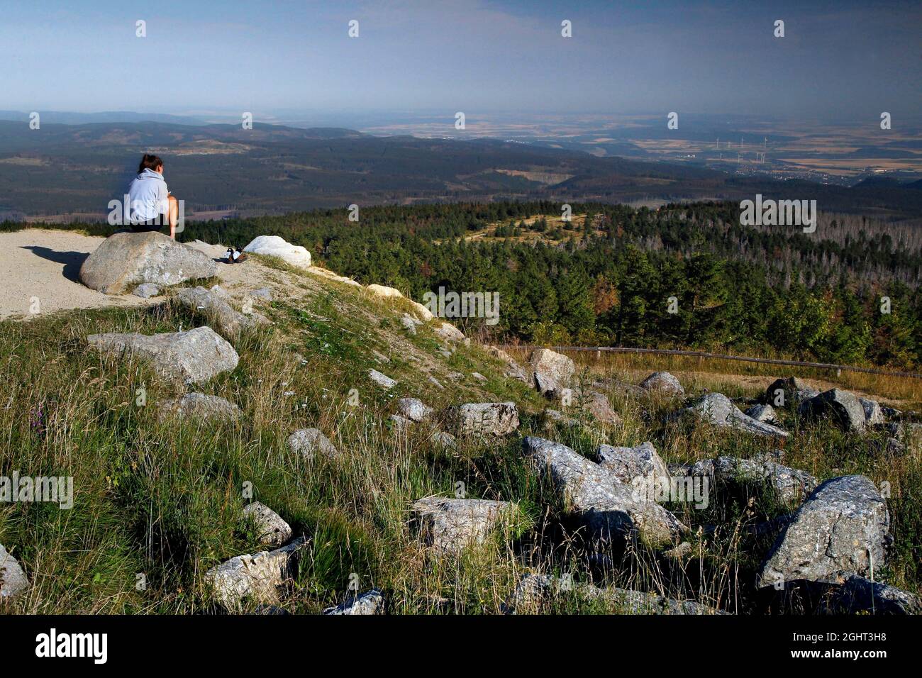 View of the Harz Mountains from the top of the Brocken, woman, granite ...