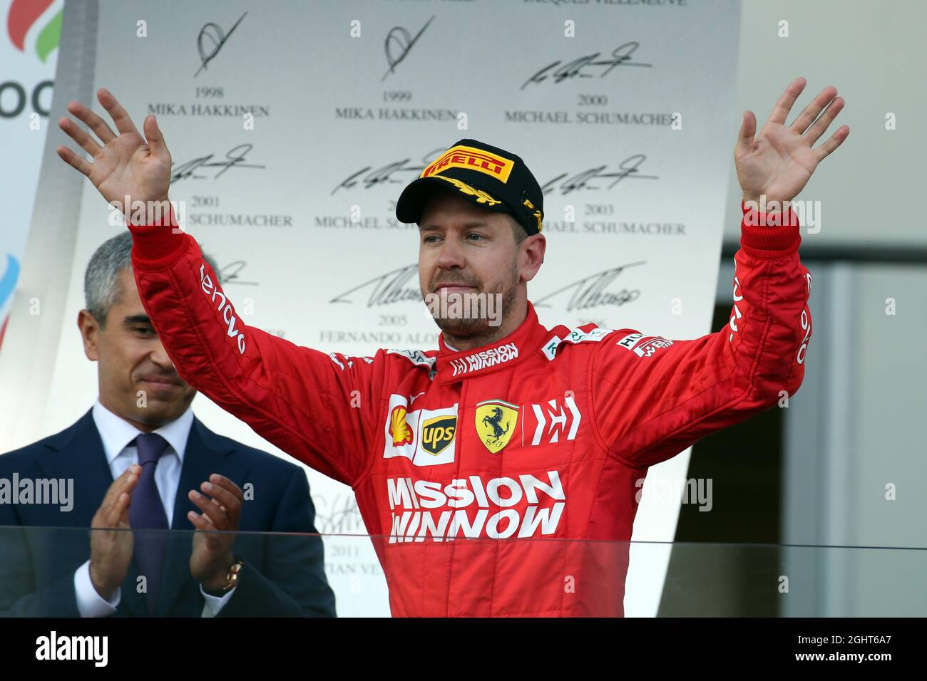 Sebastian Vettel (GER) Ferrari celebrates his third position on the ...