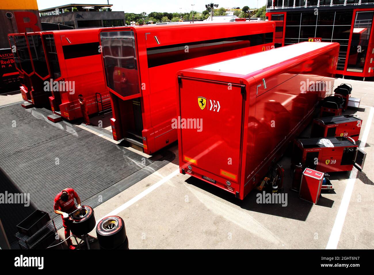 Ferrari mechanic working behind trucks in the paddock. 09.05.2019 ...