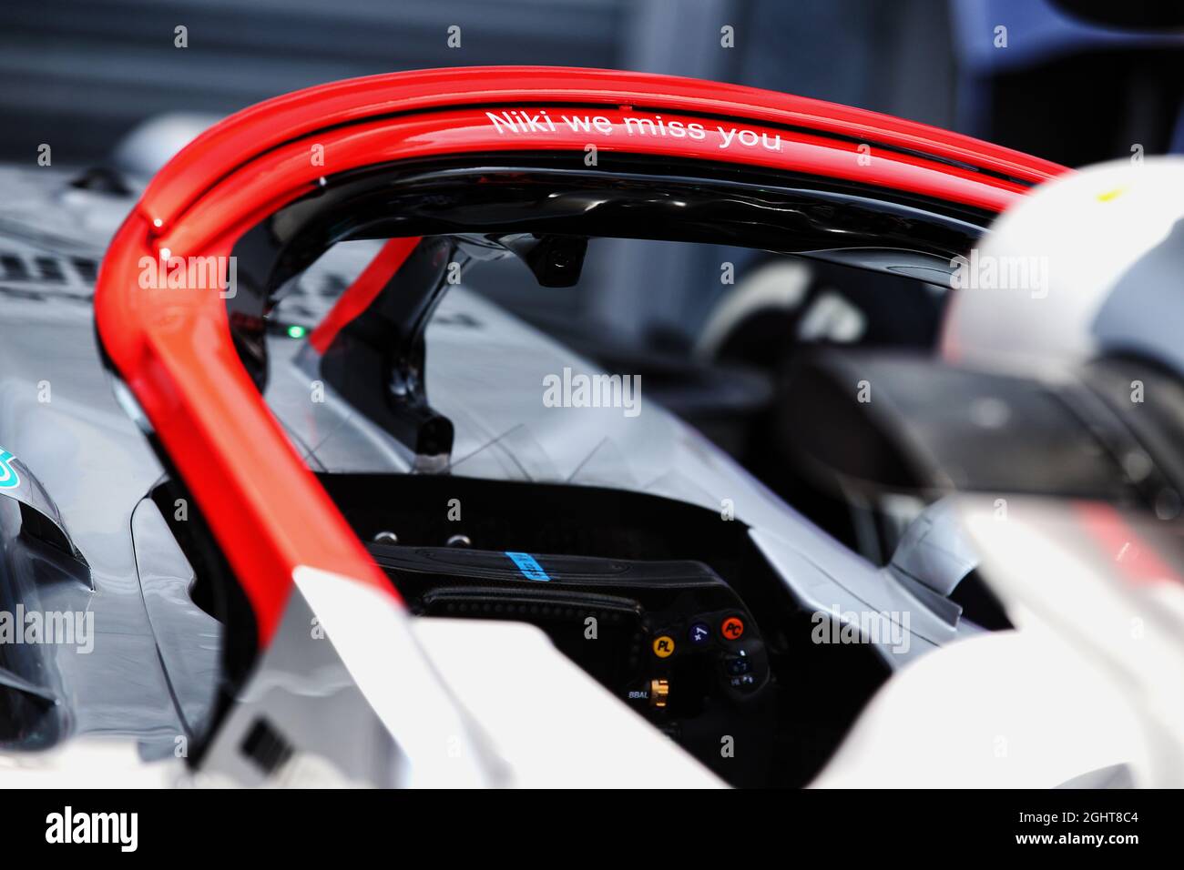 The Mercedes AMG F1 W10 Halo cockpit cover with a tribute to Niki Lauda ...