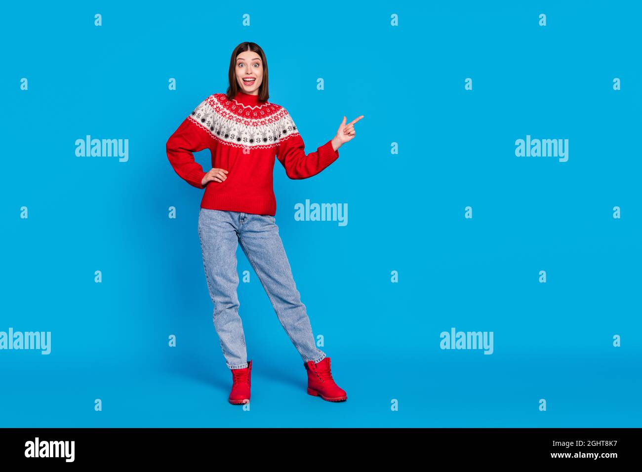 Full length body size photo amazed woman showing copyspace in red ...
