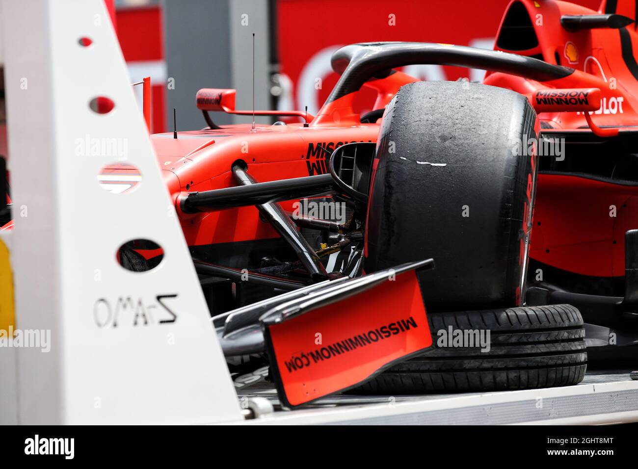 The Ferrari SF90 of Sebastian Vettel (GER) Ferrari is recovered back to ...
