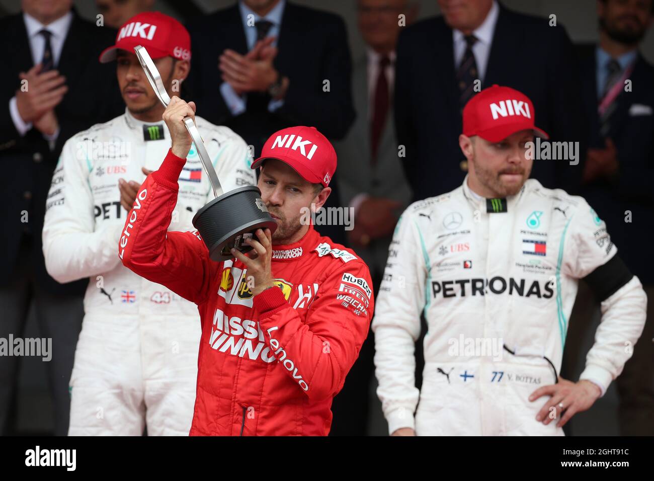 Sebastian Vettel (GER) Ferrari celebrates his second position on the ...
