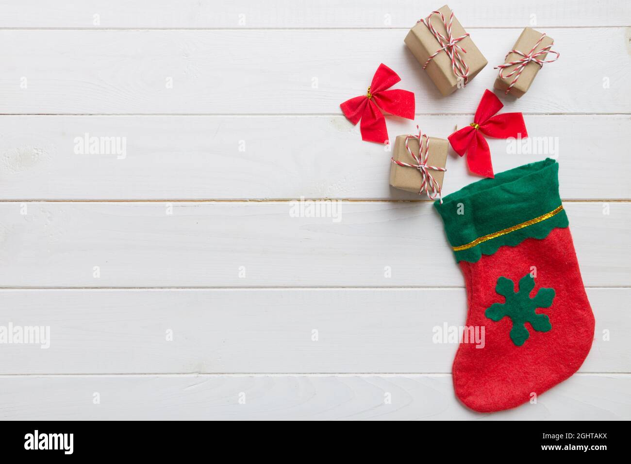 santa red sock top view on the color background with empty space ...