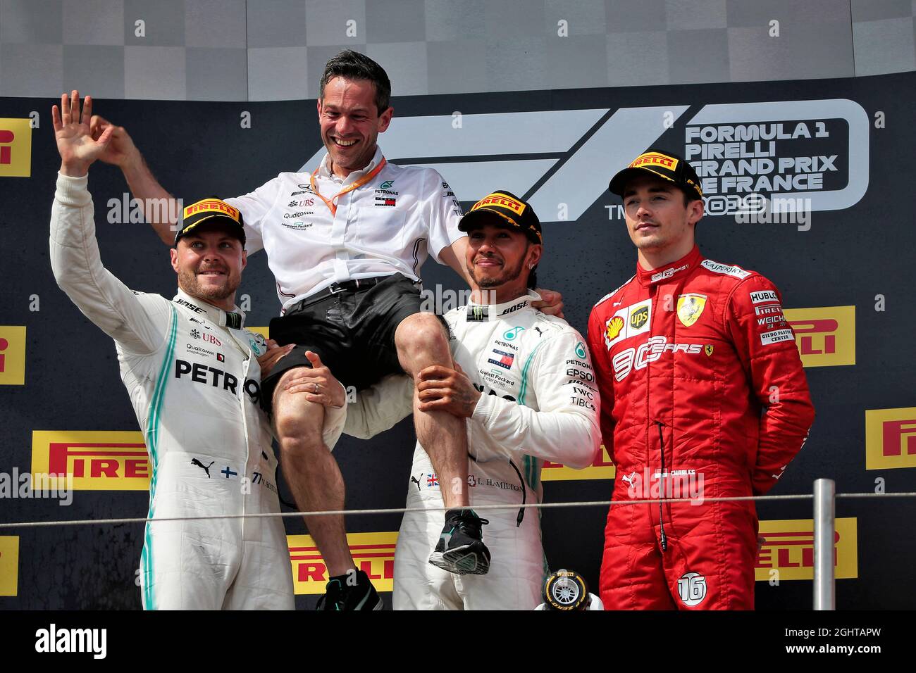 The podium (L to R): Valtteri Bottas (FIN) Mercedes AMG F1, second ...