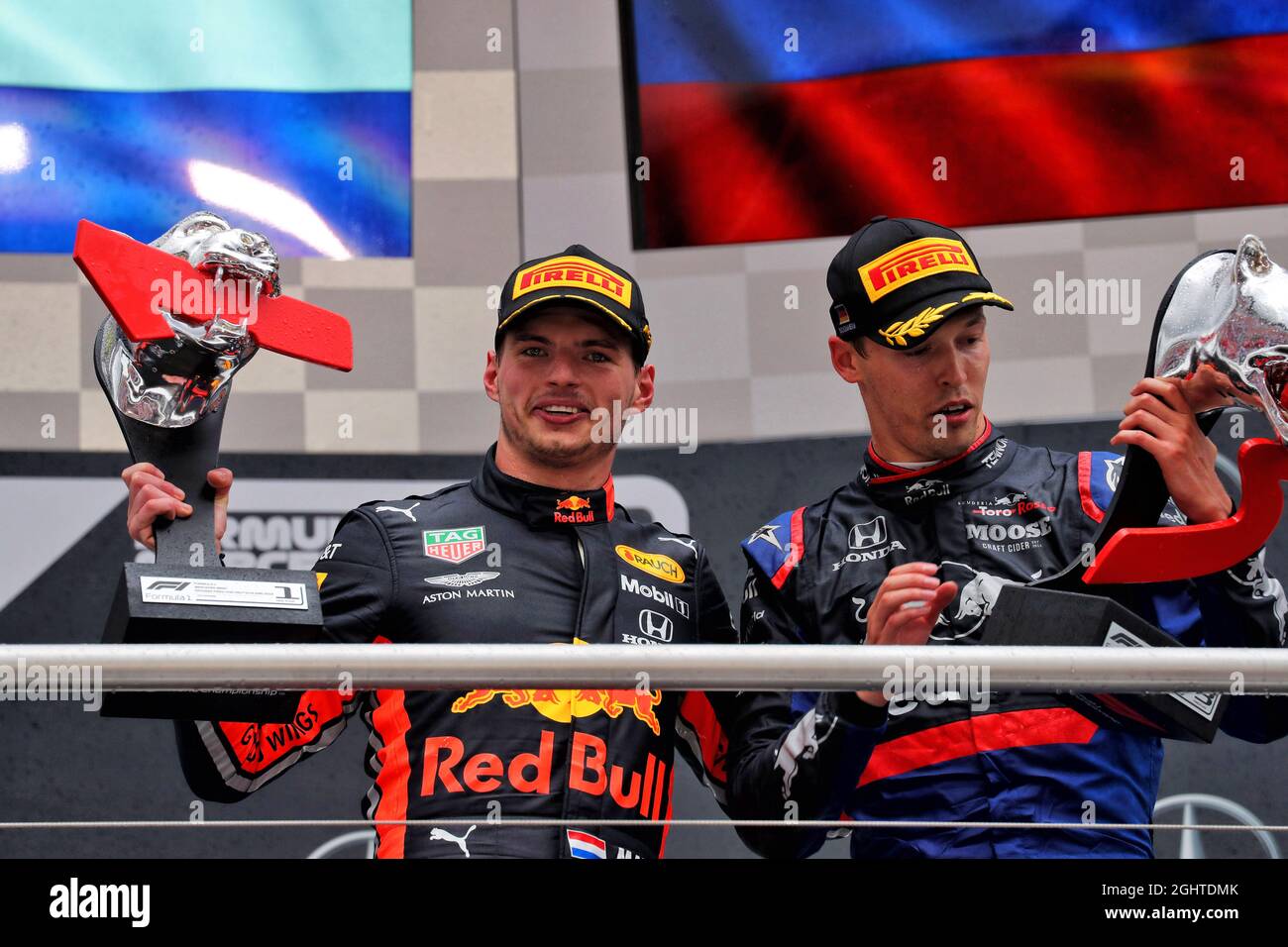 (L to R): Race winner Max Verstappen (NLD) Red Bull Racing and Daniil Kvyat (RUS) Scuderia Toro ...