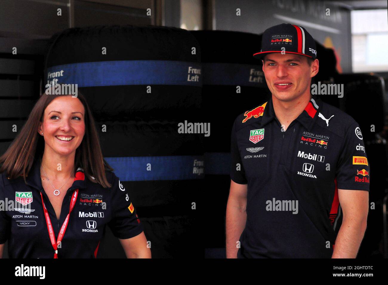 Max Verstappen (NLD) Red Bull Racing with Vicky Lloyd (GBR) Red Bull Racing Senior ...