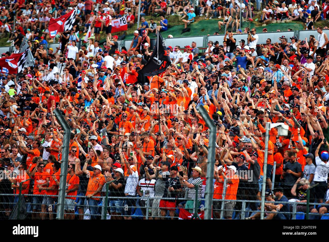 Max Verstappen (NLD) Red Bull Racing fans in the grandstand celebrates ...