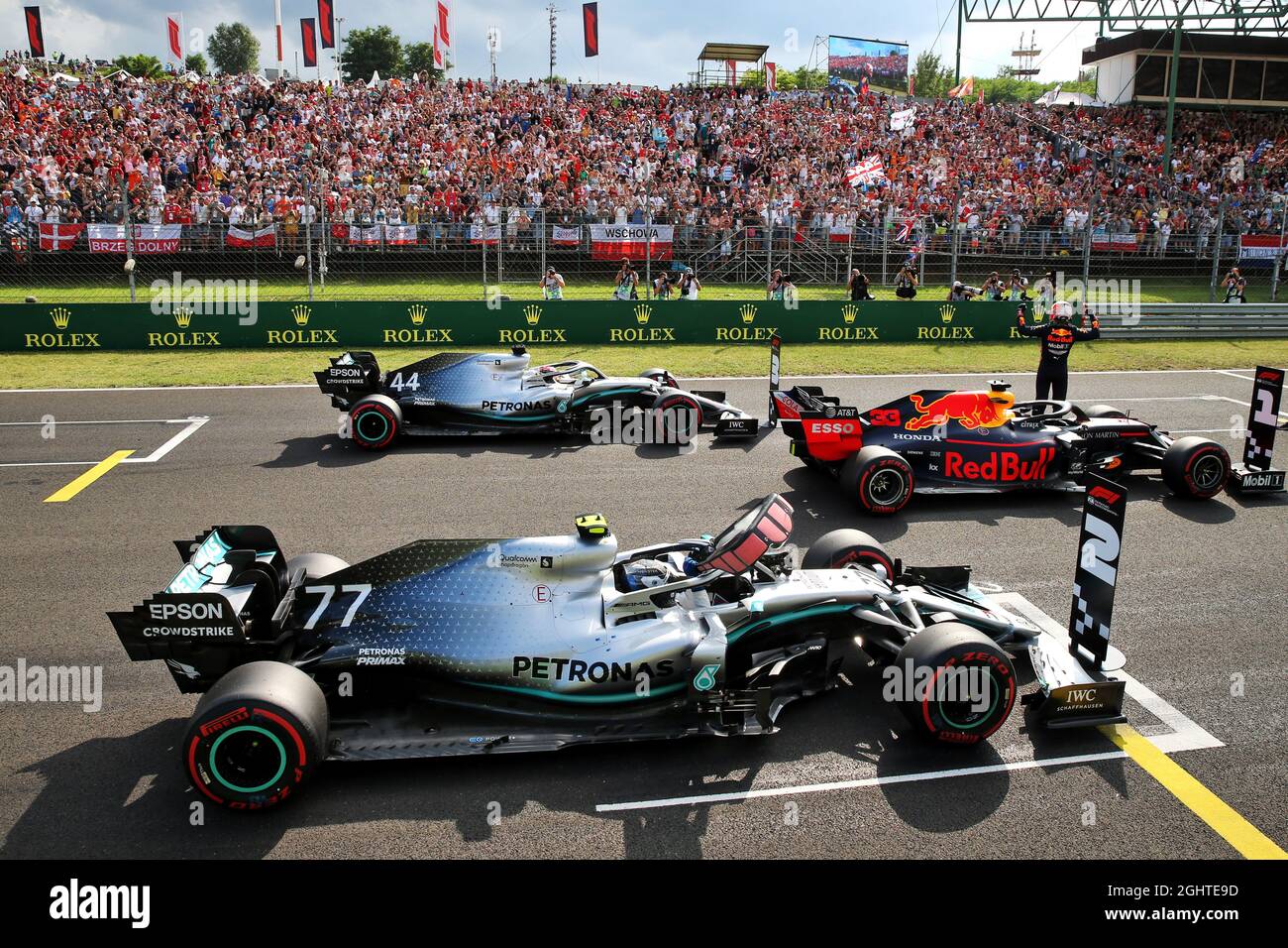 Mercedes amg f1 w10 celebrates his pole position hi-res stock ...