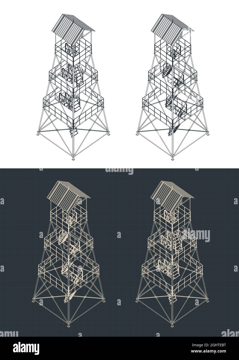 Stylized vector illustration of isometric blueprints of guard tower ...