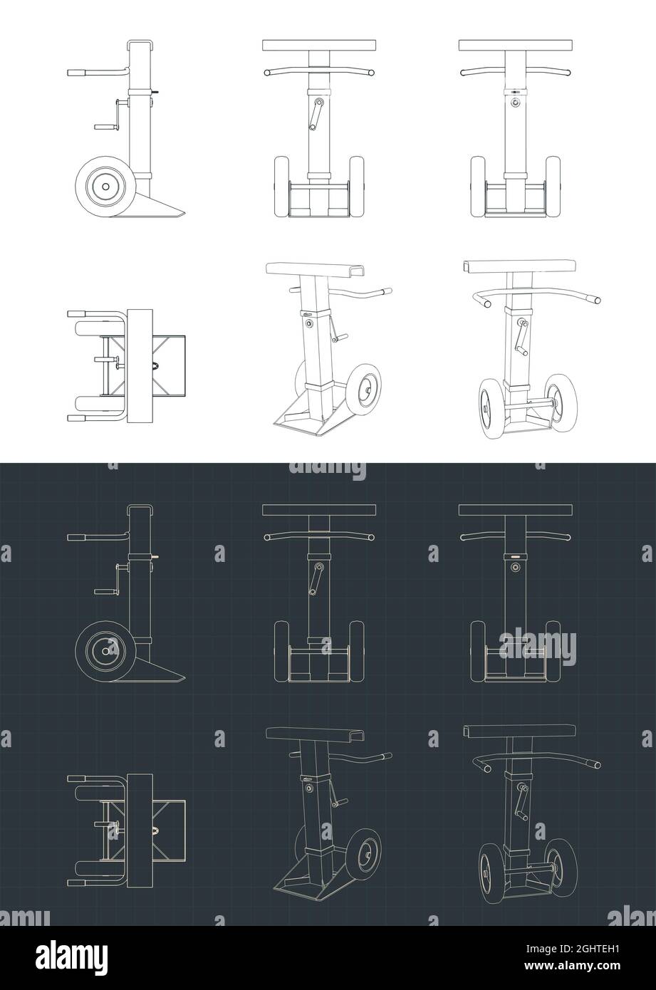 Stylized vector illustration of blueprints of heavy-duty trailer dolly ...