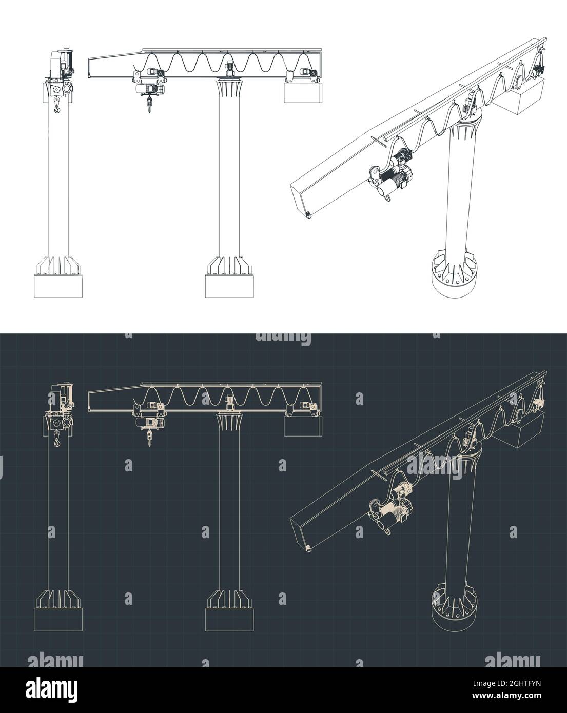 Stylized vector illustration of isometric blueprints of jib crane Stock ...
