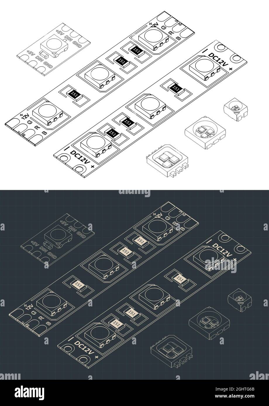 Stylized vector illustration of isometric blueprints of LED strip light ...