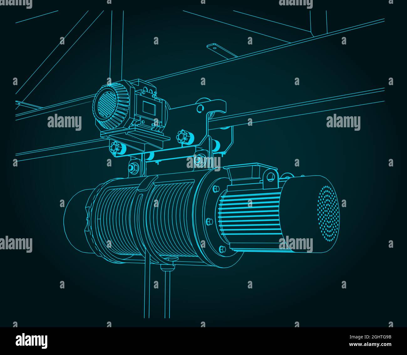 Stylized vector illustration of jib crane electric chain hoist close-up ...